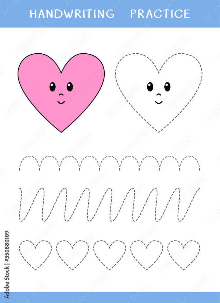 Handwriting practice sheet with hearts and curved lines. Simple ...