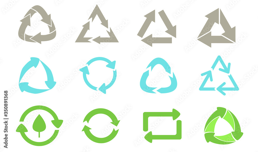 Waste recycling signs set. Eco logos, arrows, reusable waste marks ...