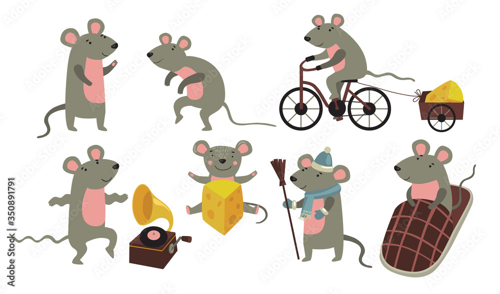 Happy funny mouse set. Cartoon rodent in different action, riding bike ...