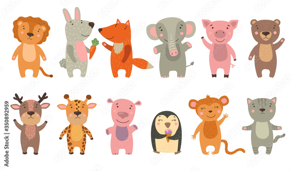 Happy funny cartoon animals set. Cute lion, elephant, baby penguin ...