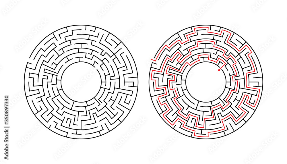 Vector circle maze isolated on white background. Education logic game labyrinth for kids. With ...