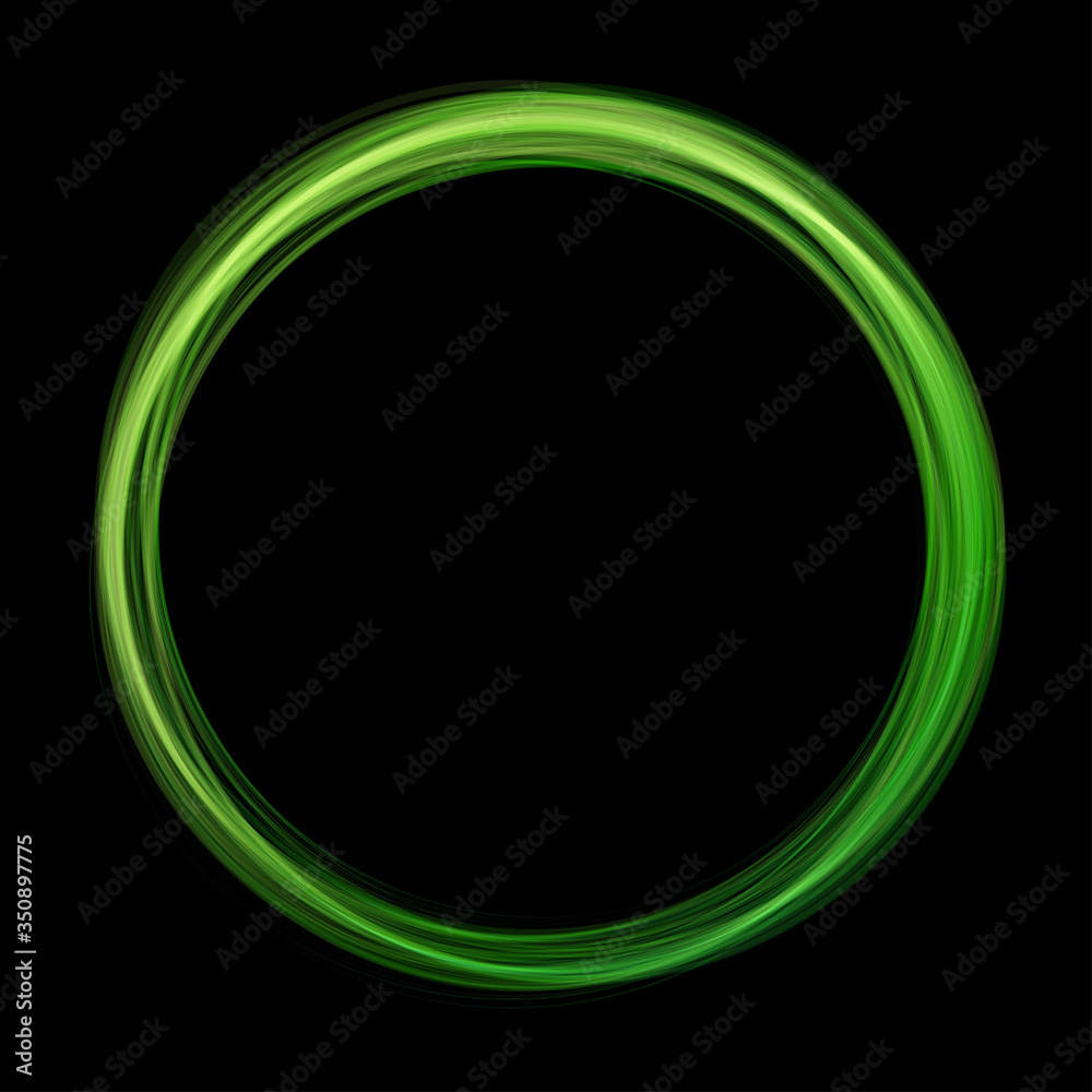 Green abstract neon round shape on black background. Glowing futuristic ...
