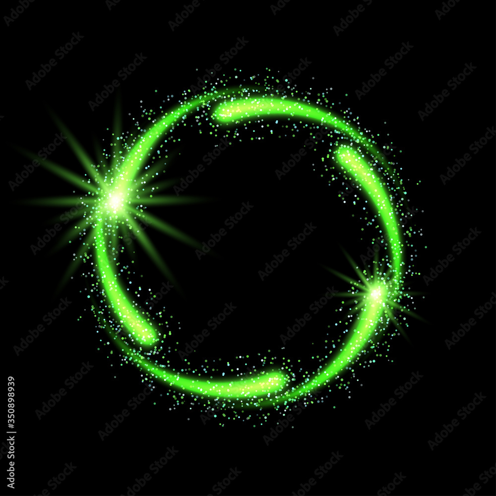 Green abstract neon round shape on black background. Glowing futuristic ...