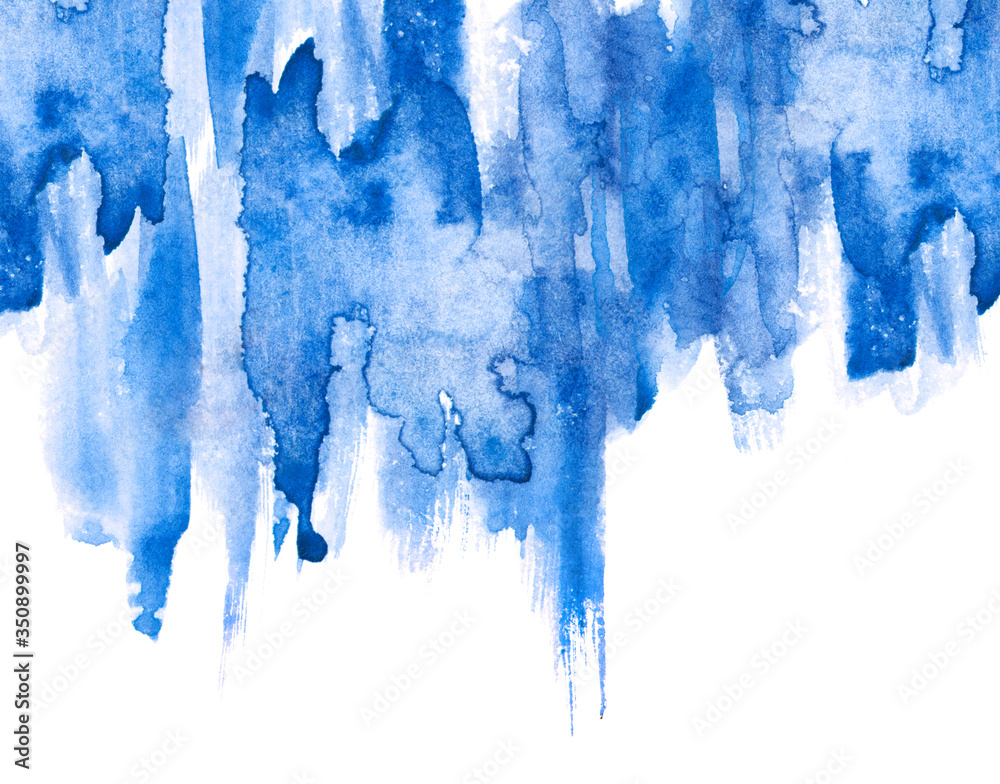 Watercolor blue background, blot, blob, splash of blue paint on white ...