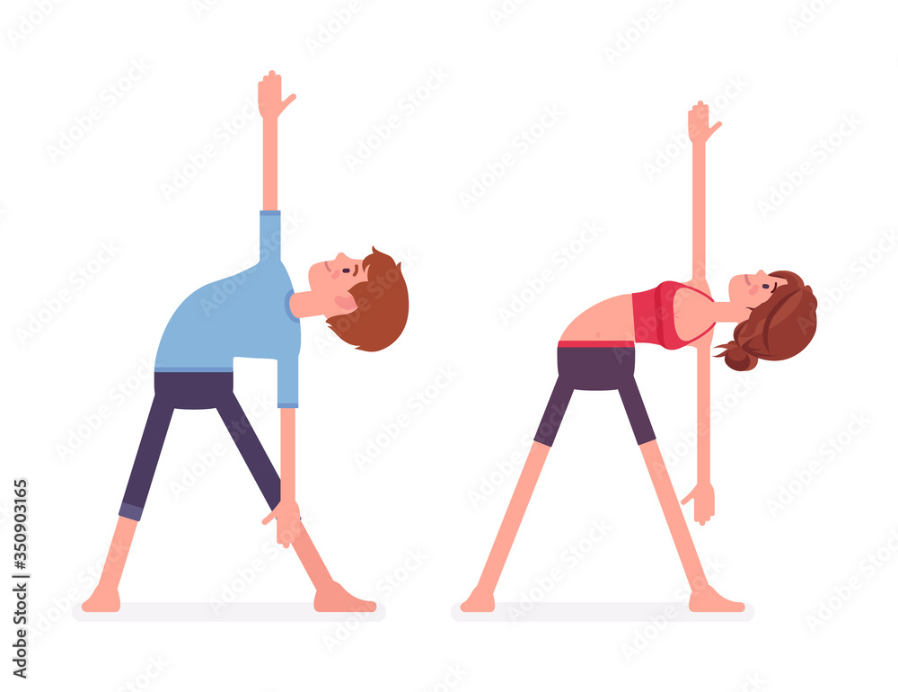 Vetor de Young yogi man and woman in sports wear practicing yoga ...