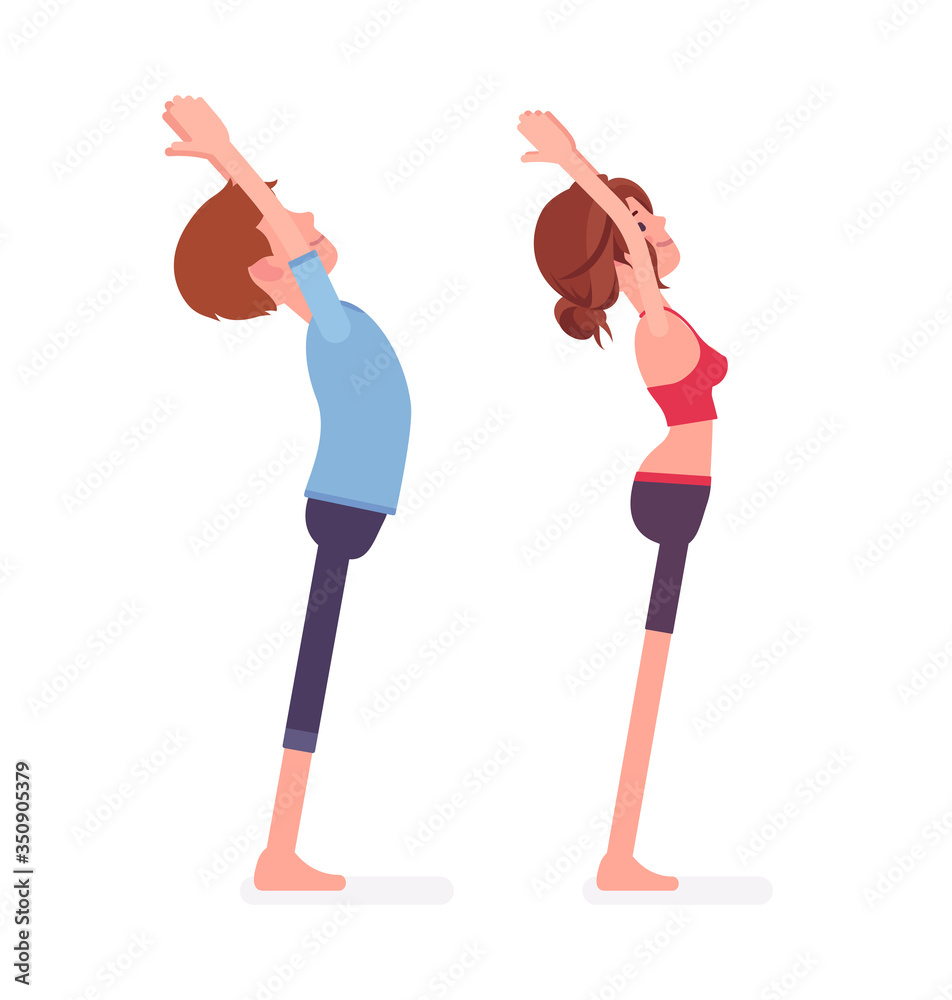Young yogi man, woman in sports wear practicing yoga, partners doing ...