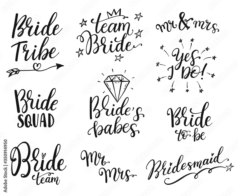 Team Bride Calligraphy Lettering Vector Hen Party Bachelorette Wedding