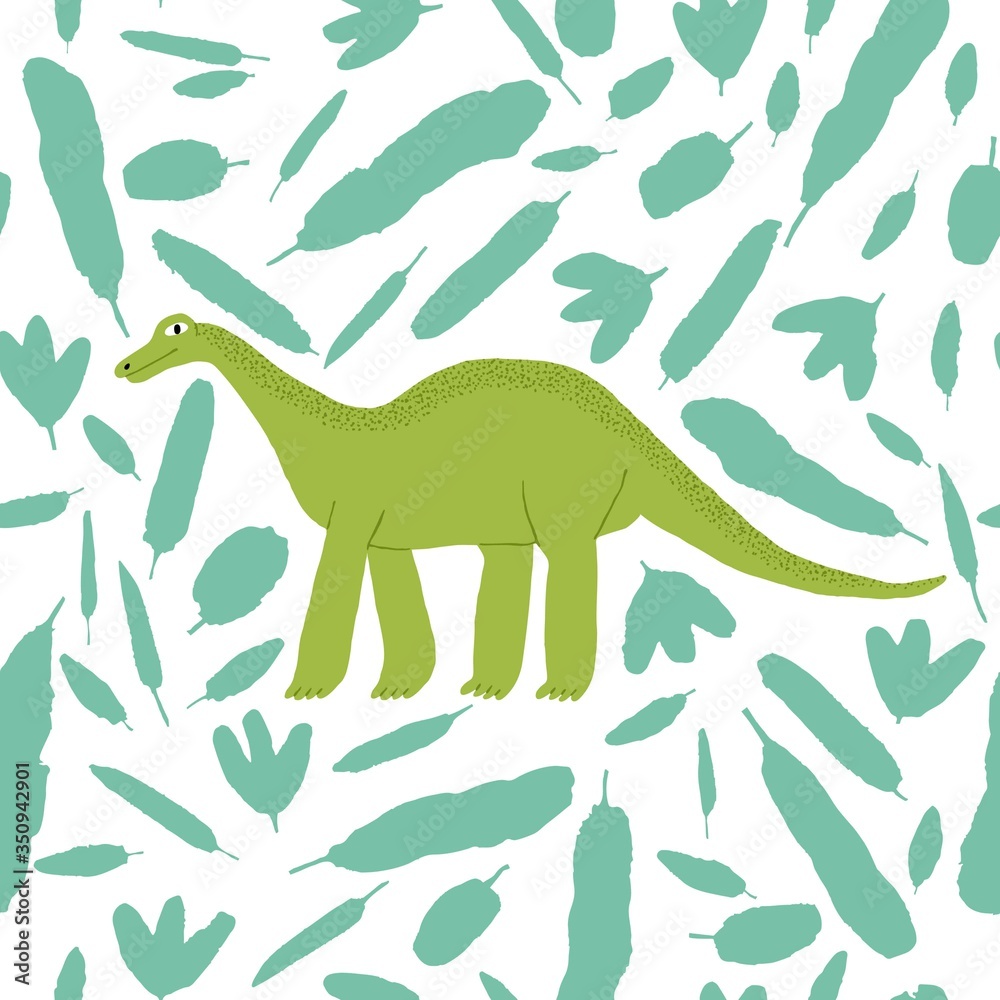 Seamless pattern with green brontosaurus and leaves. Large extinct ...