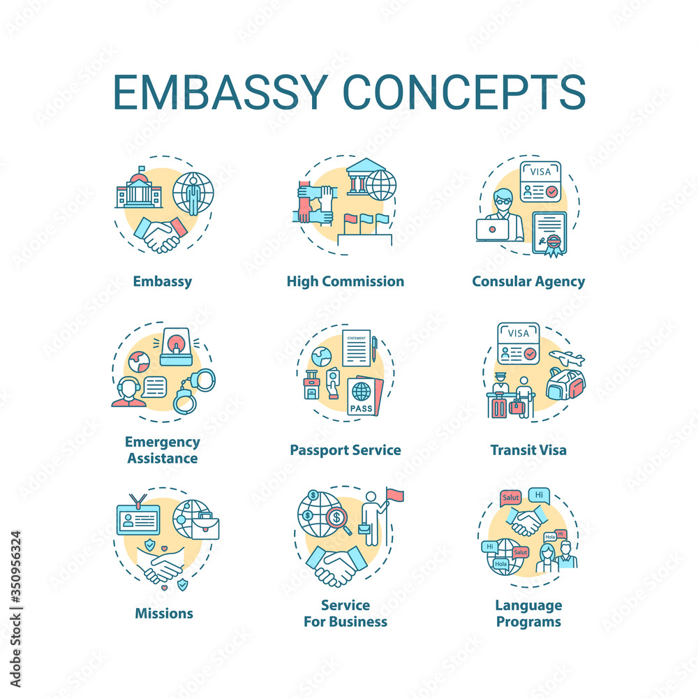 Embassy concept icons set. International relations idea thin line RGB ...