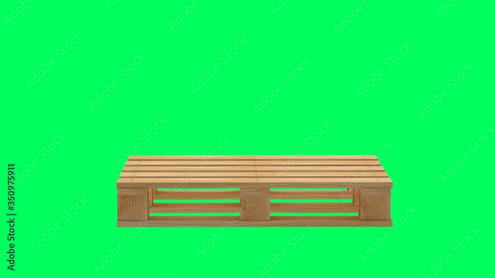 3D animation of one empty wooden pallet rotates isolated on a green ...