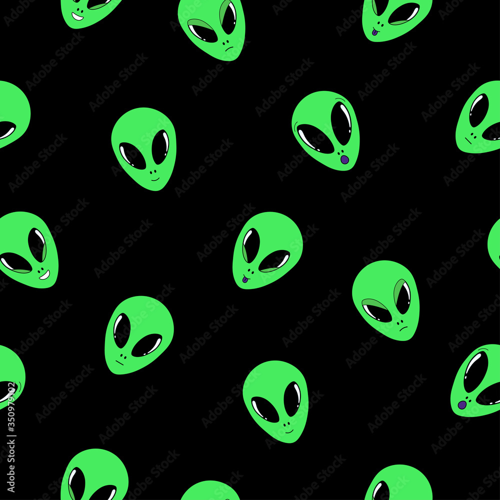 Vector illustration. Cute seamless pattern with green alien faces with ...