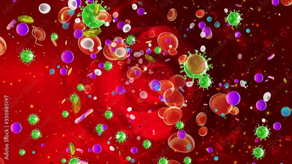 Varieties of Floating virus germs in blood stream inside body veins 4K ...