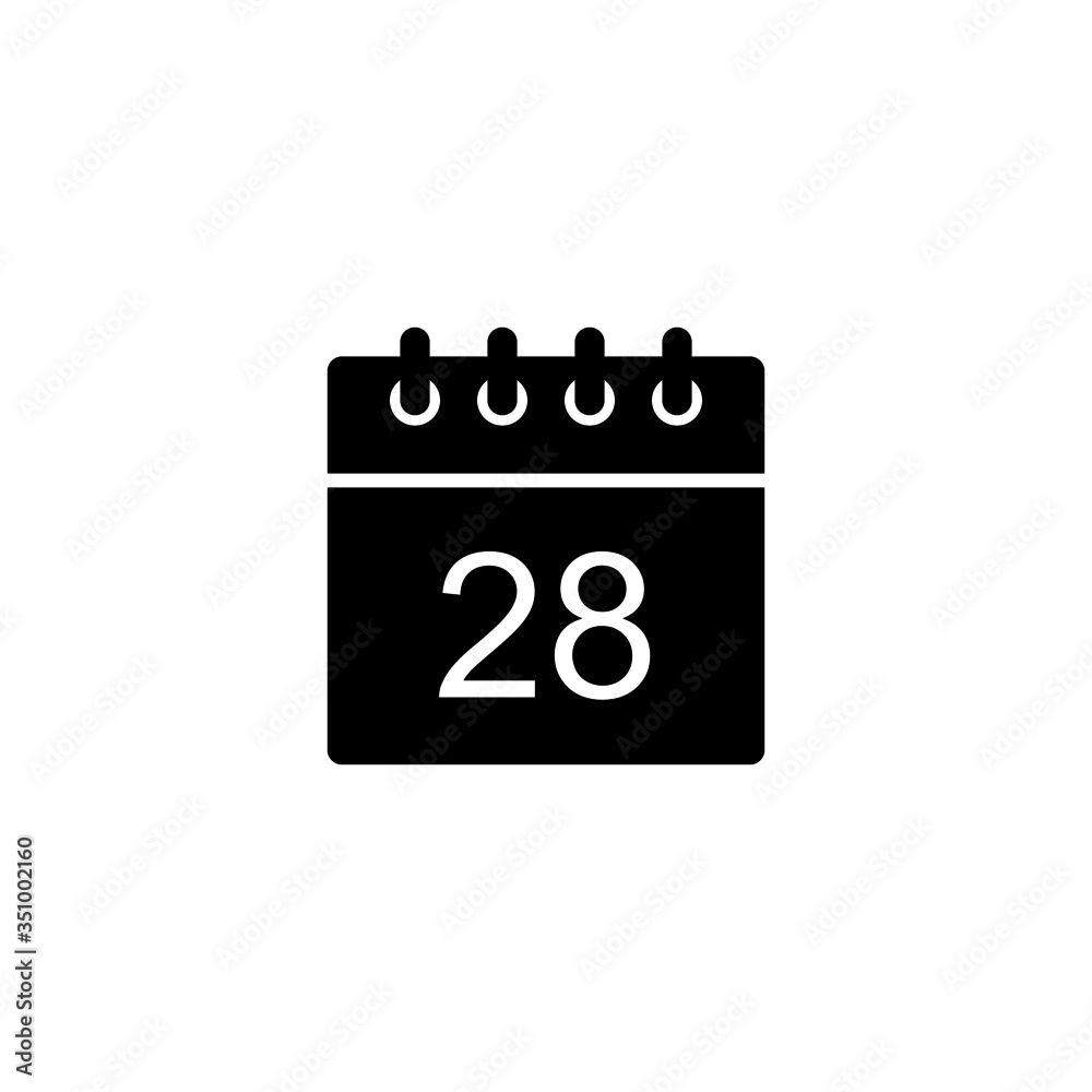 Black calendar icon - day 28. Simple glyph date symbol shape for web ...
