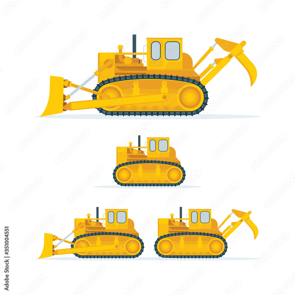 Bulldozer. Bulldozer side view vector illustrations set. Tractor flat ...