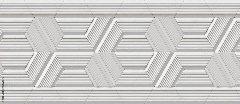3D design wallpaper in the form of white relief modules with golden ...