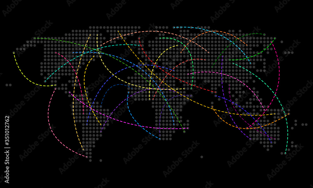 World dotted map with color ways. Black background. Vector ...