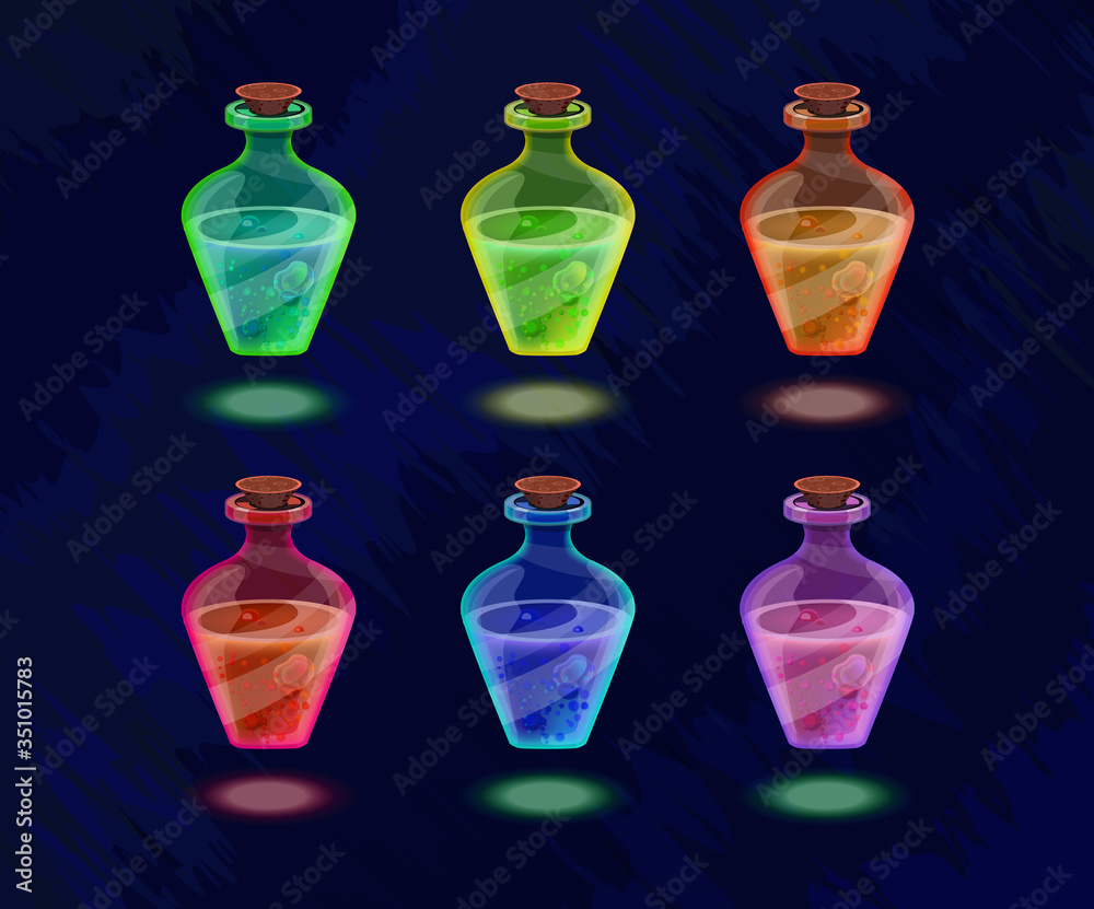 colorful magic bottles with potions. alchemist's inventory, casual game ...