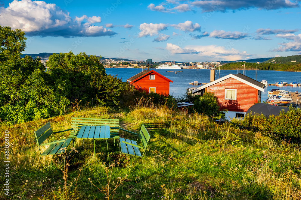 Panoramic view of Nakholmen island on Oslofjord harbor with summer ...