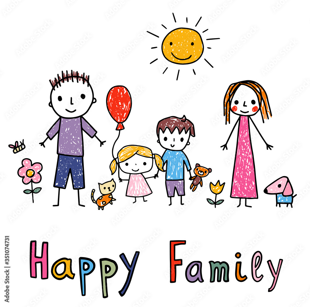 Cute hand drawn vector drawing of happy family, couple with son and ...