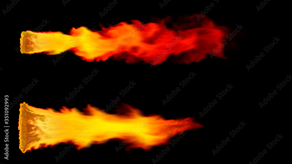 Rocket engine exhaust flame bursting from side on black background ...