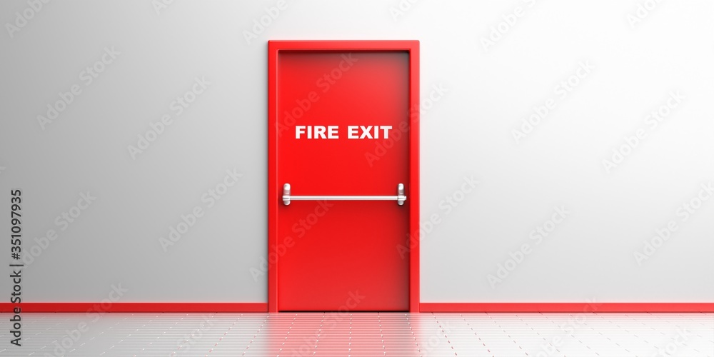 Fire exit sign on a red door in white color building interior ...