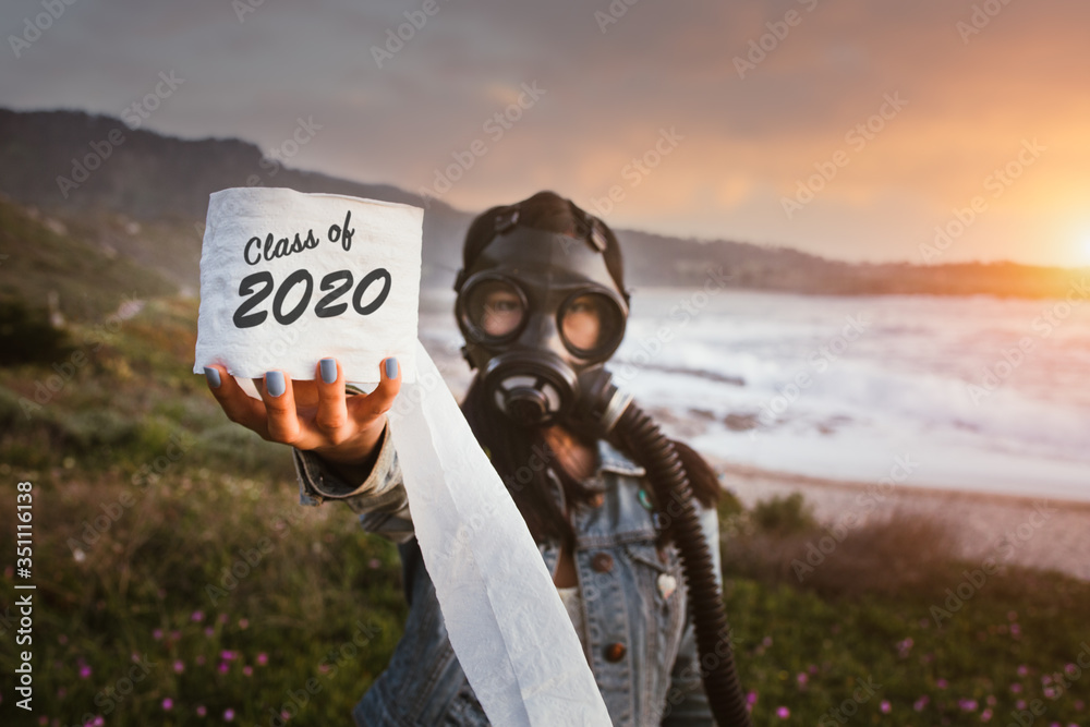 Class of 2020 graduation girl or woman wearing gas mask holding toilet ...