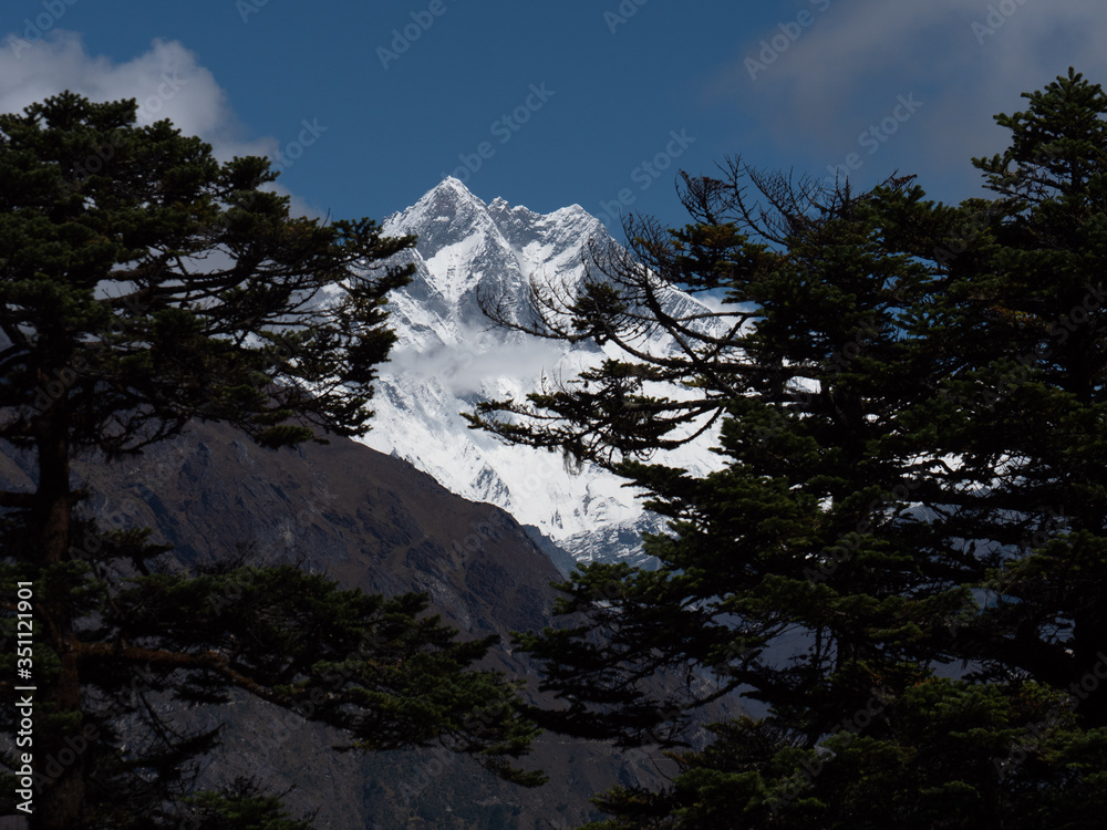 Everest framed by fir spruce, view in Khumbu valley, Sagarmatha ...