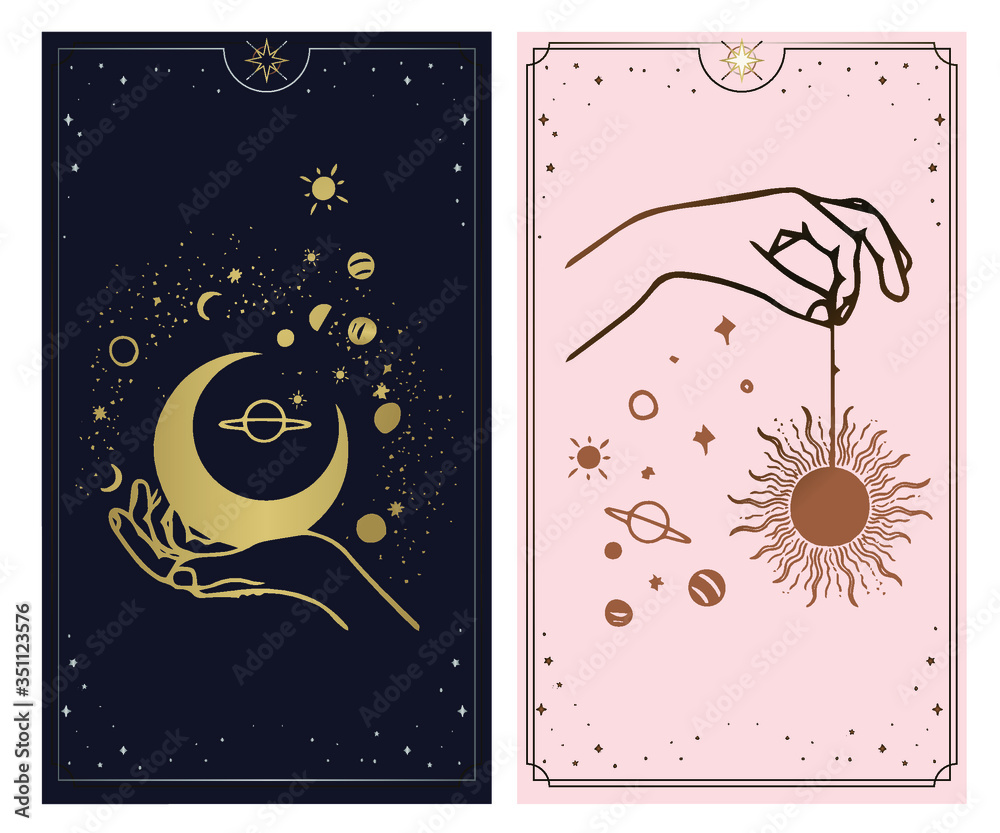 Cosmos tarot cards are created by the hands of God. Hands are set in a ...
