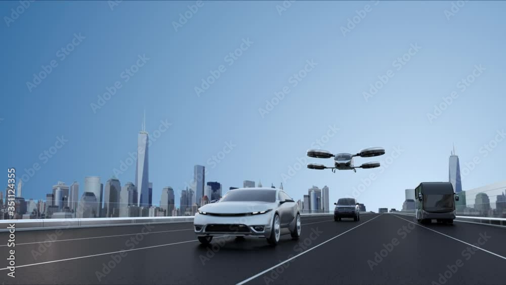 Autonomous car on highway roads with flying Drone taxi. Various ...