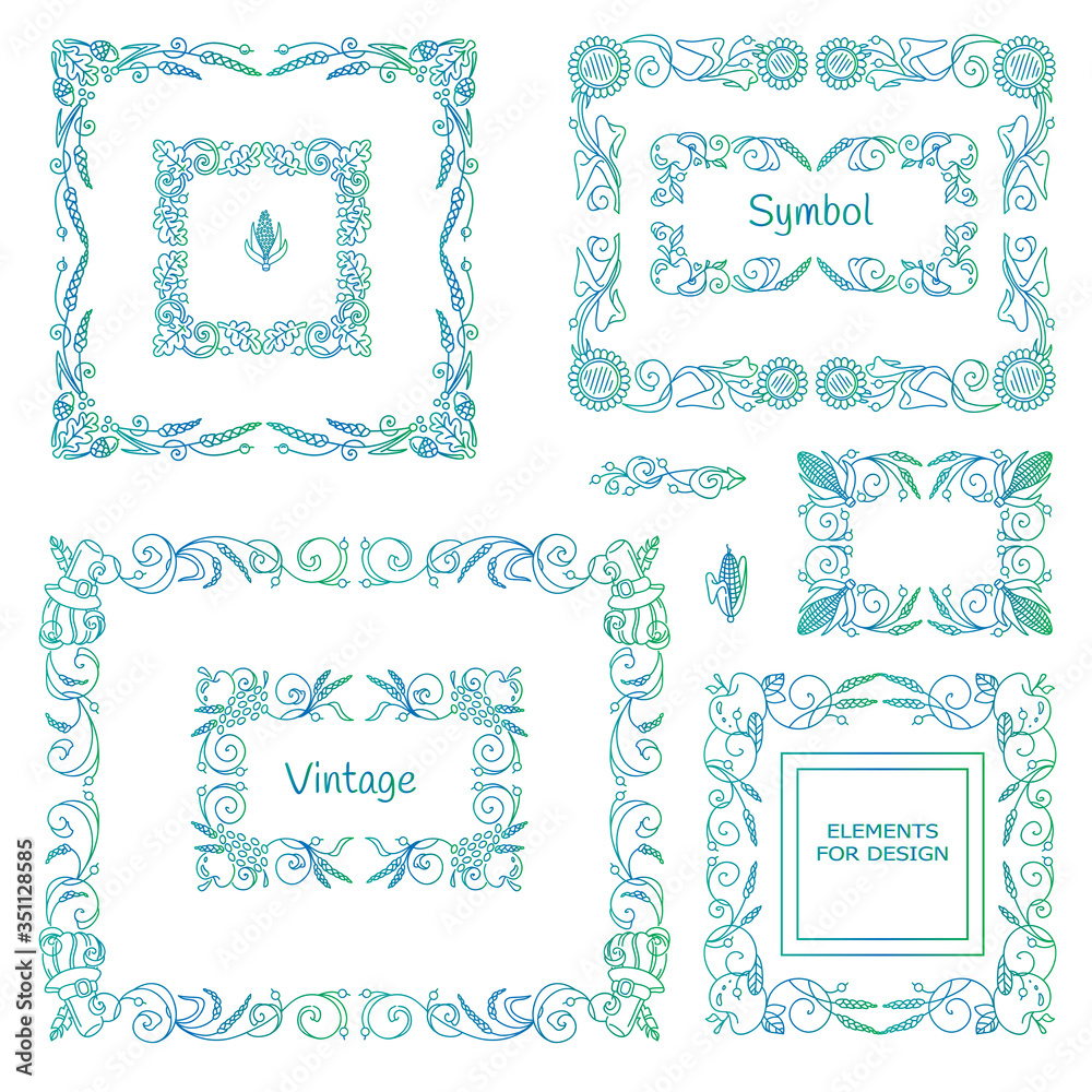 Vector set of calligraphic elements for design, blue-green watercolor ...