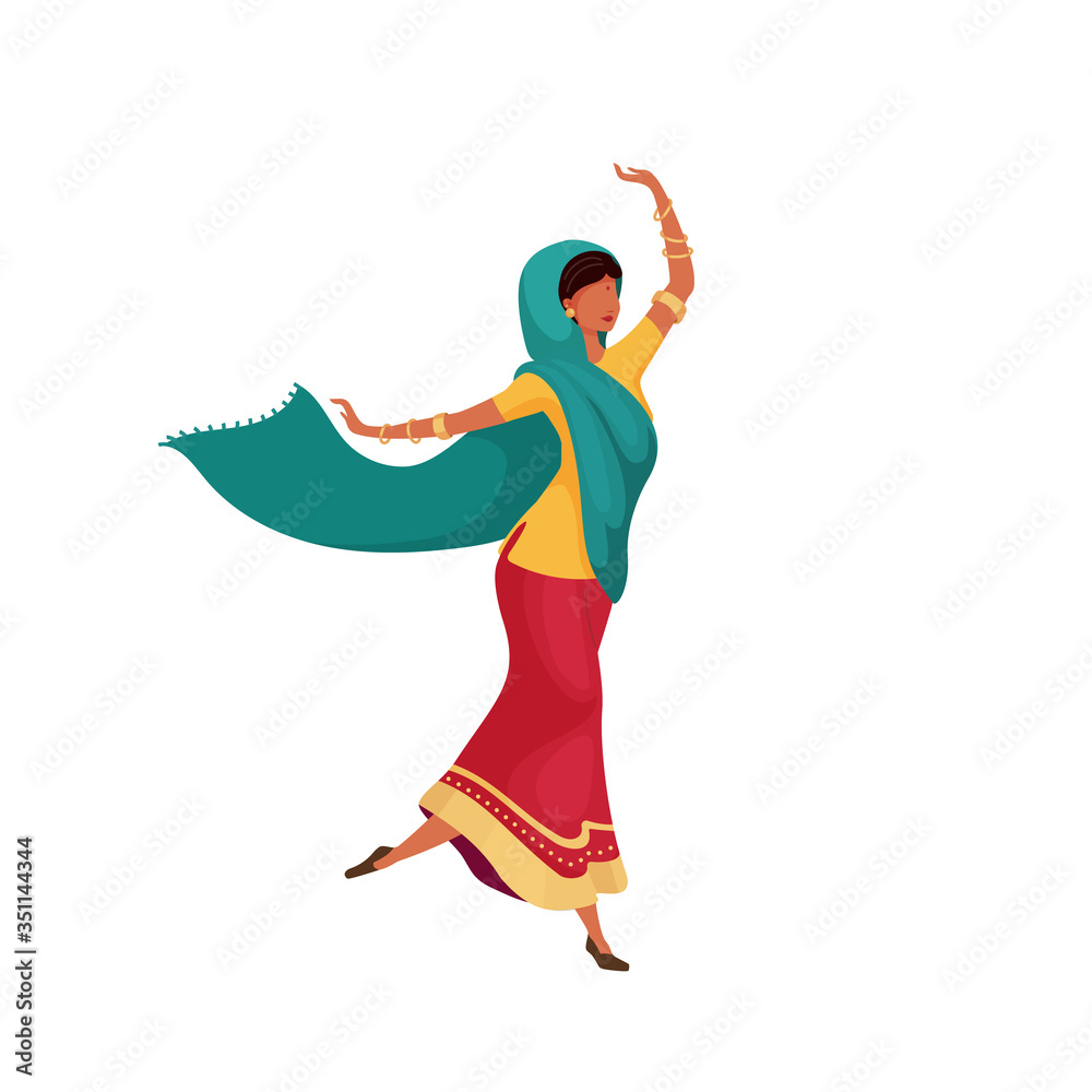 Dancing indian female flat color vector faceless character. Woman in ...