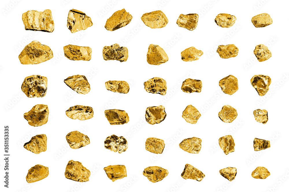 Golden stones set on white background isolated close up, gold nuggets ...