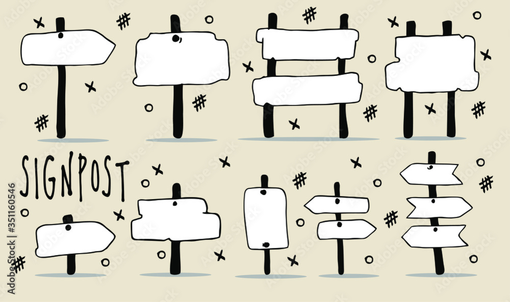Set of hand-drawn black and white road signs signs, in doodle style ...