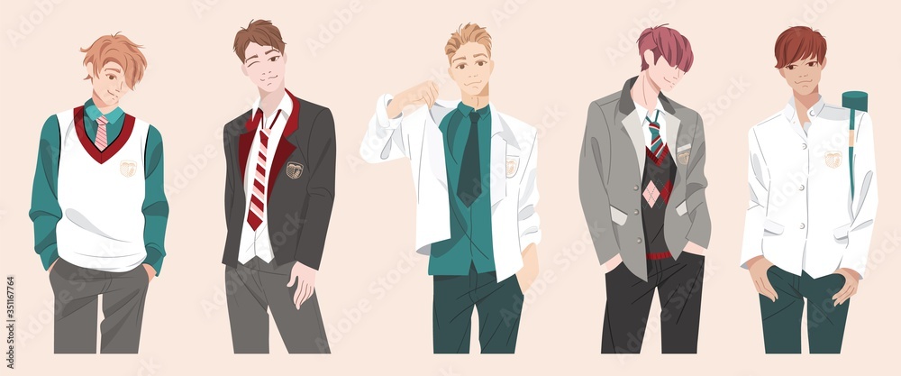 Young student of college or school set. Collection of boys in uniform ...