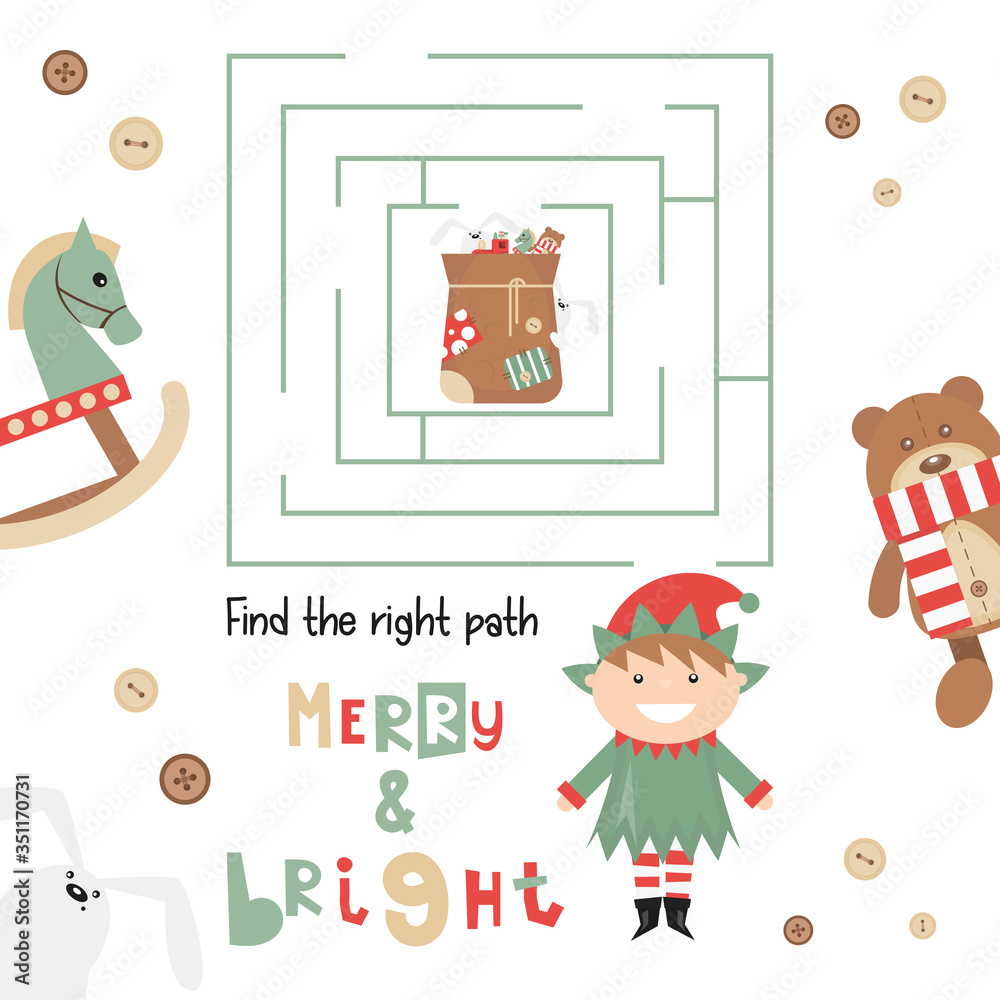 Christmas Labyrinth. Help Elf Find the Right Path to Bag with Gifts ...