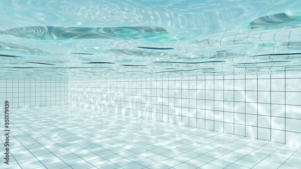 View of under water in white tiles swimming pool, with bright light ...