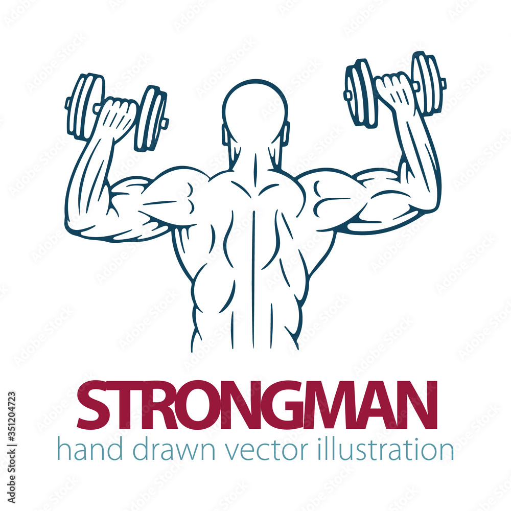 Muscular bodybuilder with dumbbells. Strong male body hand drawn vector ...