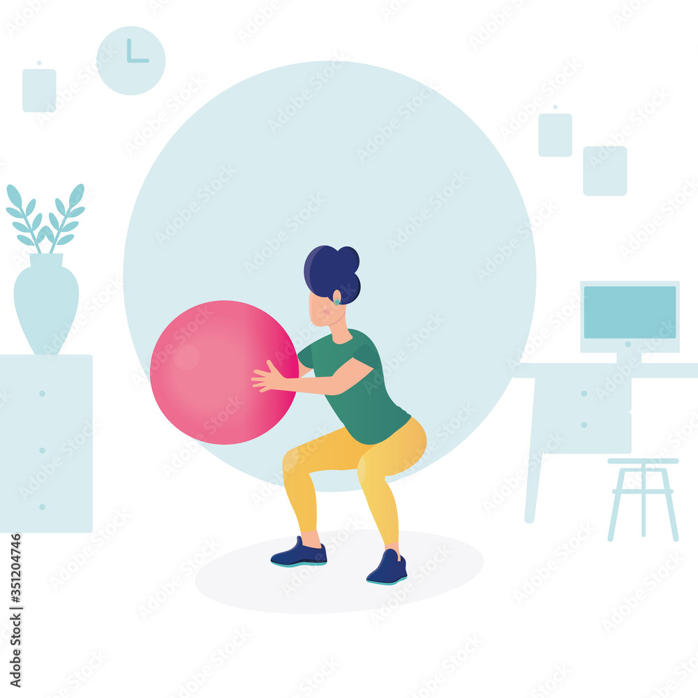 Vector illustration. Girl. Exercise and physical activity at home ...