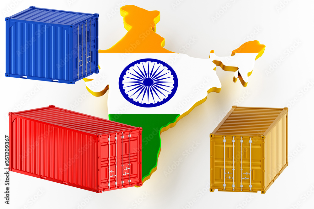 3D map of India. Freight shipping in containers. Export from the ...