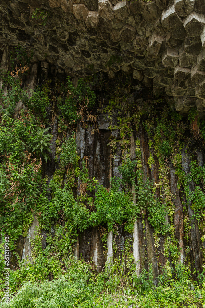 Rock covered with green plants. From below of rough mountain from ...