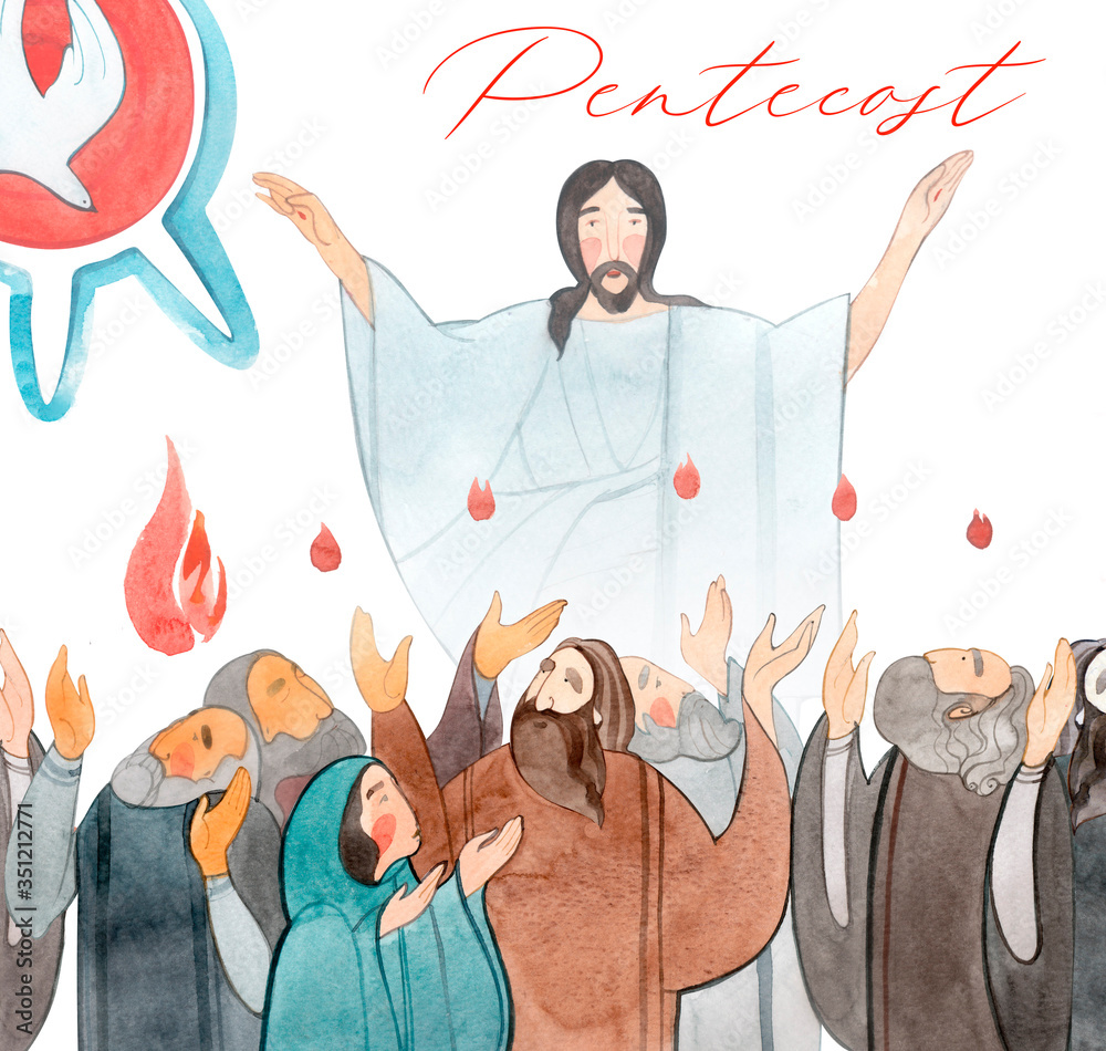 Pentecost. Christian watercolor illustration of the Resurrection ...