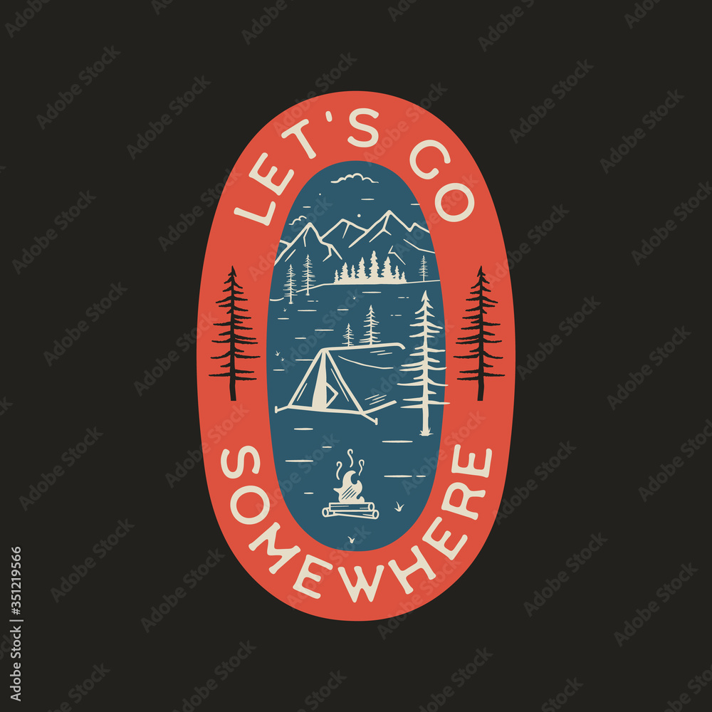 Vintage camp logo, mountain badge. Hand drawn label design. Travel ...