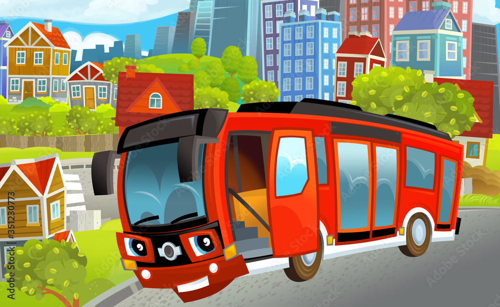 cartoon happy and funny scene of the middle of a city with car driving ...