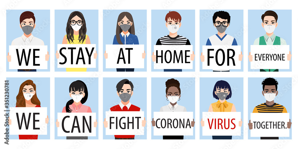 Cartoon character with people holding showing posters avoid Coronavirus ...