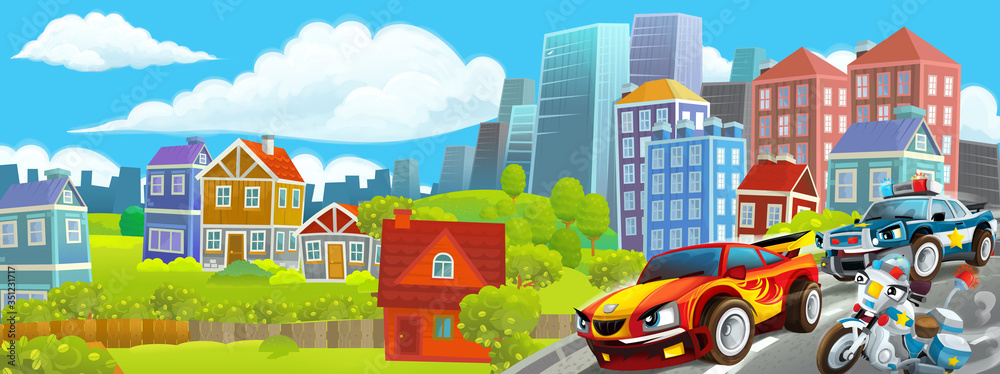cartoon happy and funny scene of the middle of a city with car driving ...