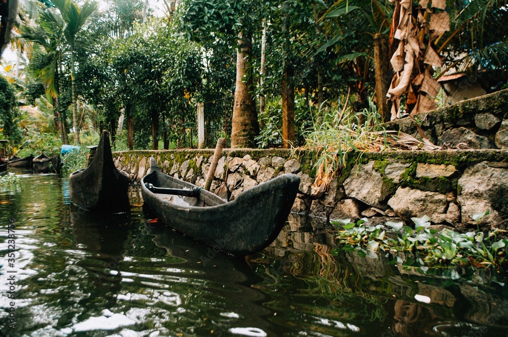 Canoes in the backwaters of Kerala, India Stock Photo | Adobe Stock
