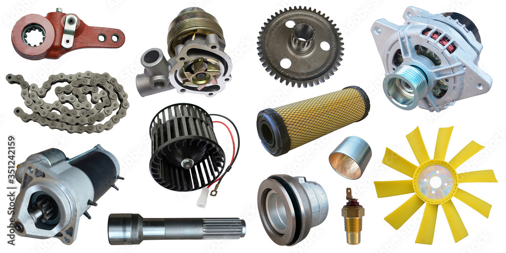 Auto spare parts car on the white background. Set with many isolated ...