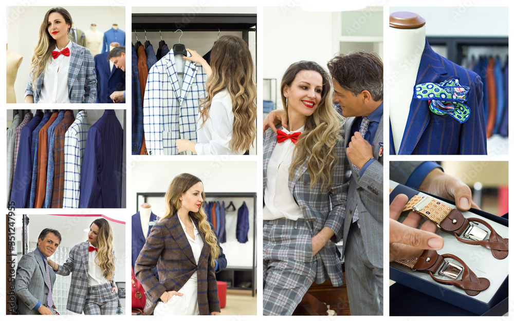Collage with woman and man in tailor shop and custom-made clothes looks ...
