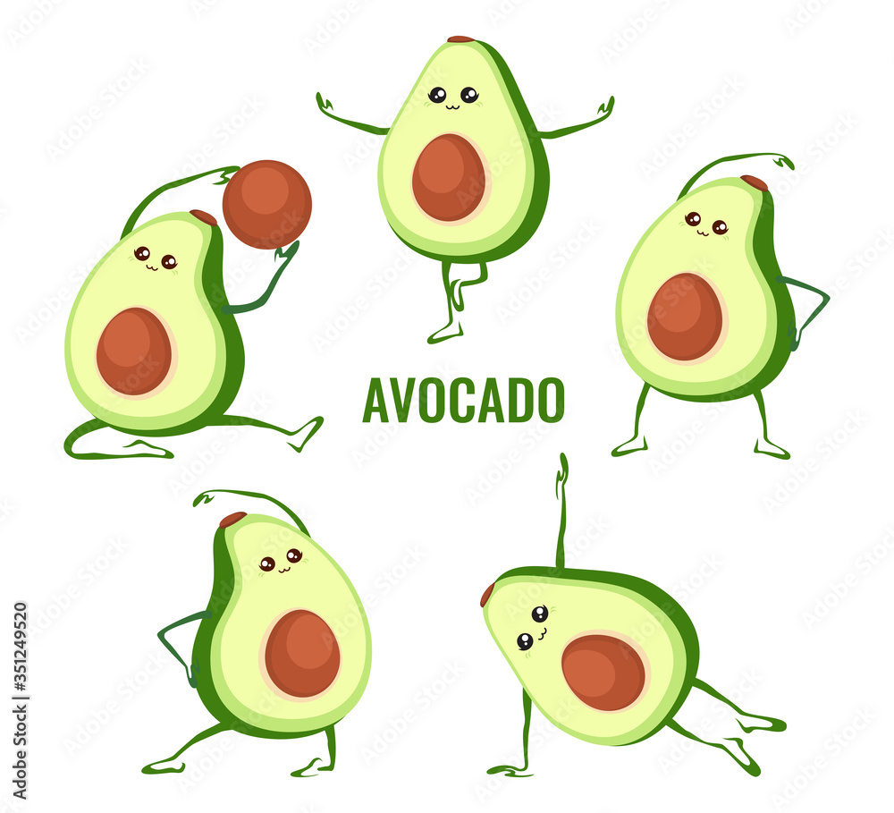 Cute Avocado cartoon character take exercises. Eating healthy and ...