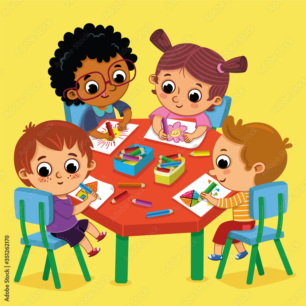 Four kids in kindergarten happily drawing colorful pictures. Vector ...